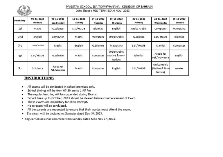 Date Sheet Grades1 5 Midterm Exam 2023 | PDF