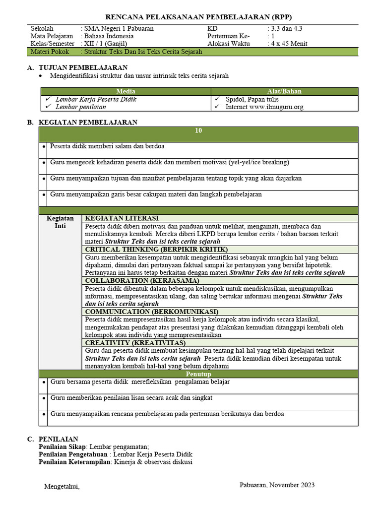 3.1 RPP I Bhs Indonesia Kelas XII (SUPERVISI BU IIS) | PDF