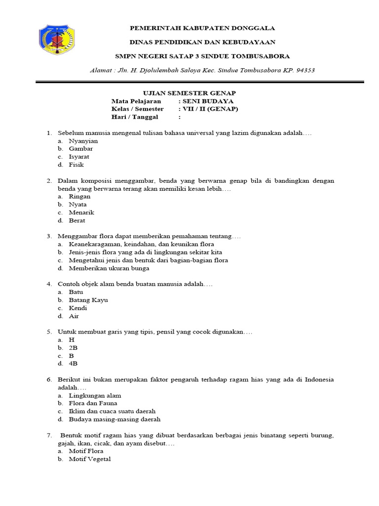 Soal PG Seni Budaya Kelas Vii & Viii SMT Ii | PDF | Seni