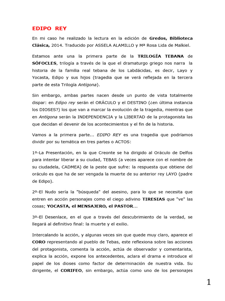 Ficha de Lectura EDIPO REY | PDF | Edipo | Mitología tebana