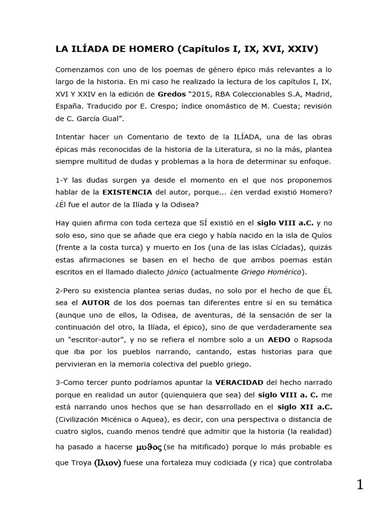 Ficha de Lectura LA ILÍADA DE HOMERO | PDF | Mitología griega | guerra ...