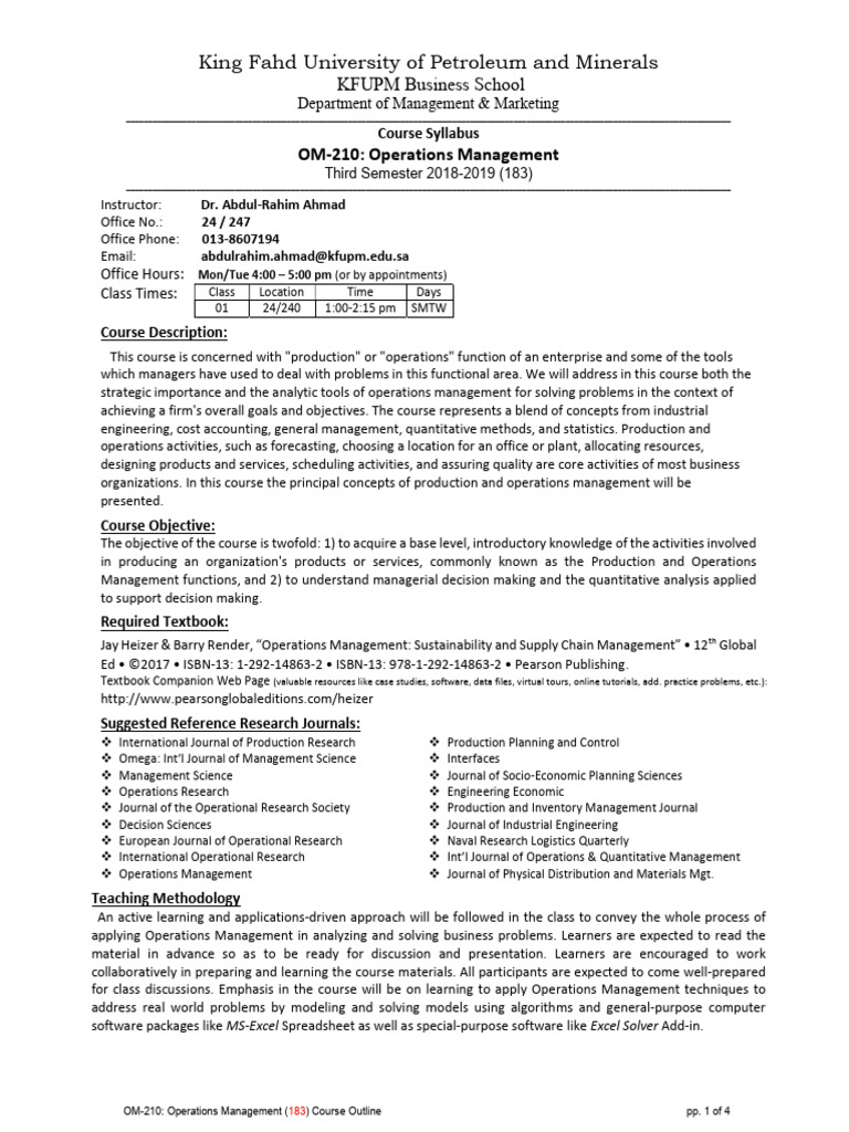 ' OM 210 Syllabus - ARA - Shared Copy June 9 | PDF | Learning | Operations Management