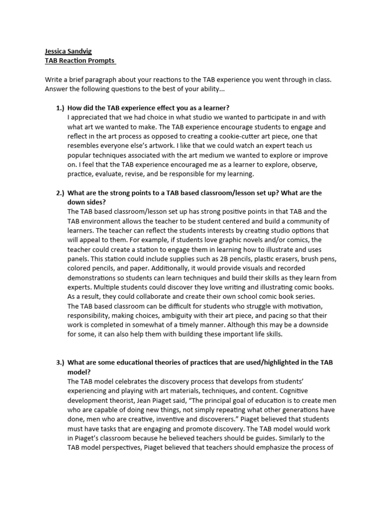 Fa23 Art Tab Reaction Prompts Jessica Sandvig | PDF | Learning | Theory