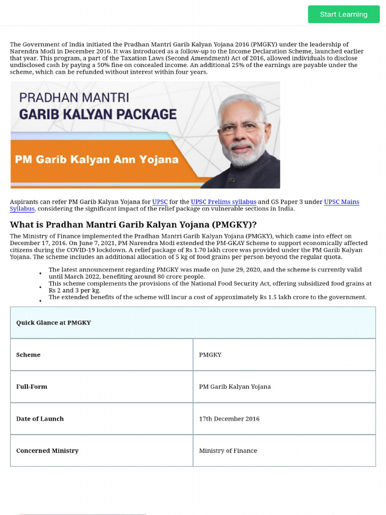 Pradhan Mantri Garib Kalyan Yojana (PMGKY) - Features & Benefits | PDF