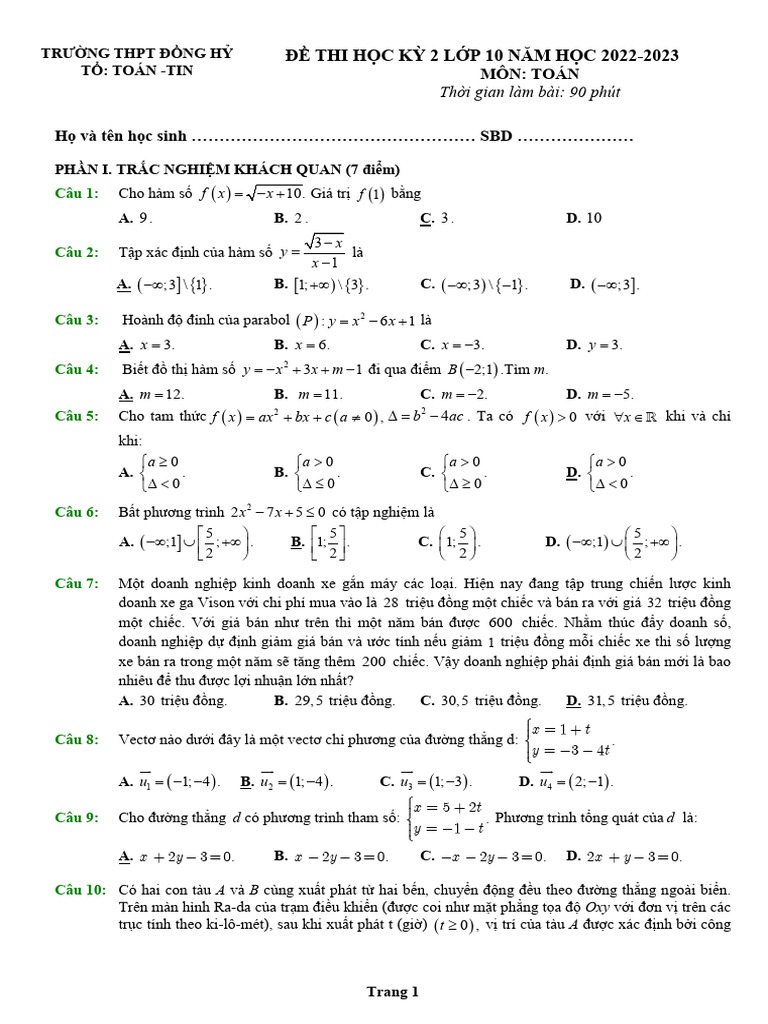 De Thi Hoc Ky 2 Toan 10 Nam 2022 2023 Truong THPT Dong Hy Thai Nguyen | PDF