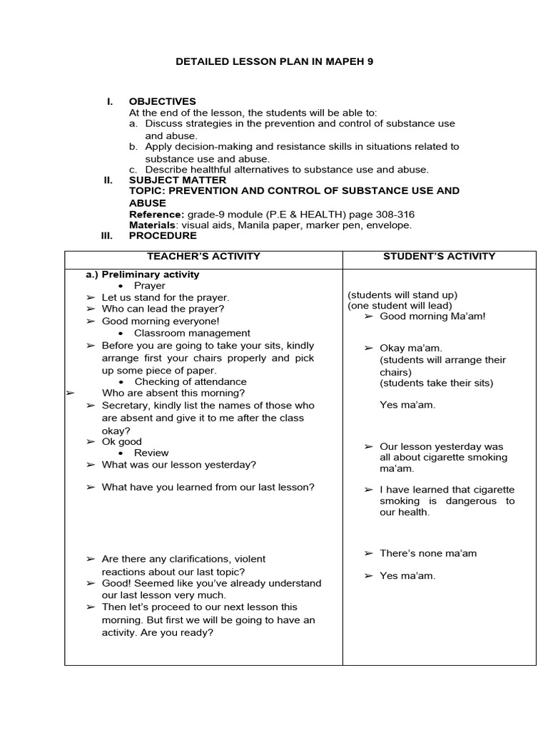 Lesson Plan in Mapeh 9 | PDF | Substance Abuse | Lesson Plan
