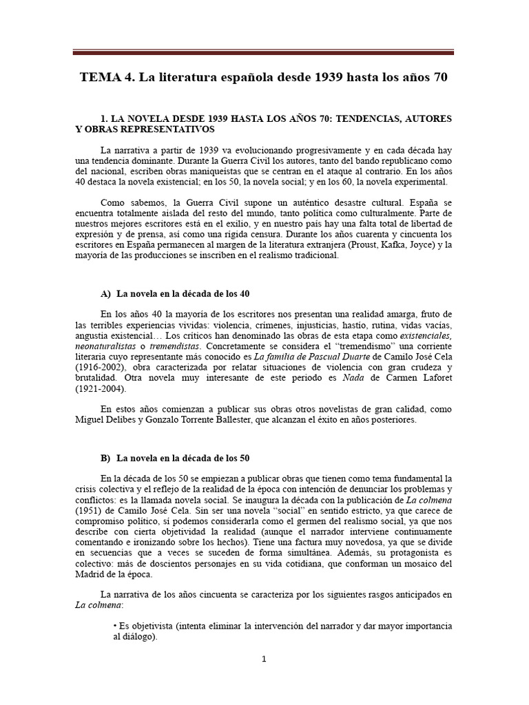 TEMA 4 - Literatura Desde 1939 A Los 70 | PDF | Literatura española | Escritores españoles