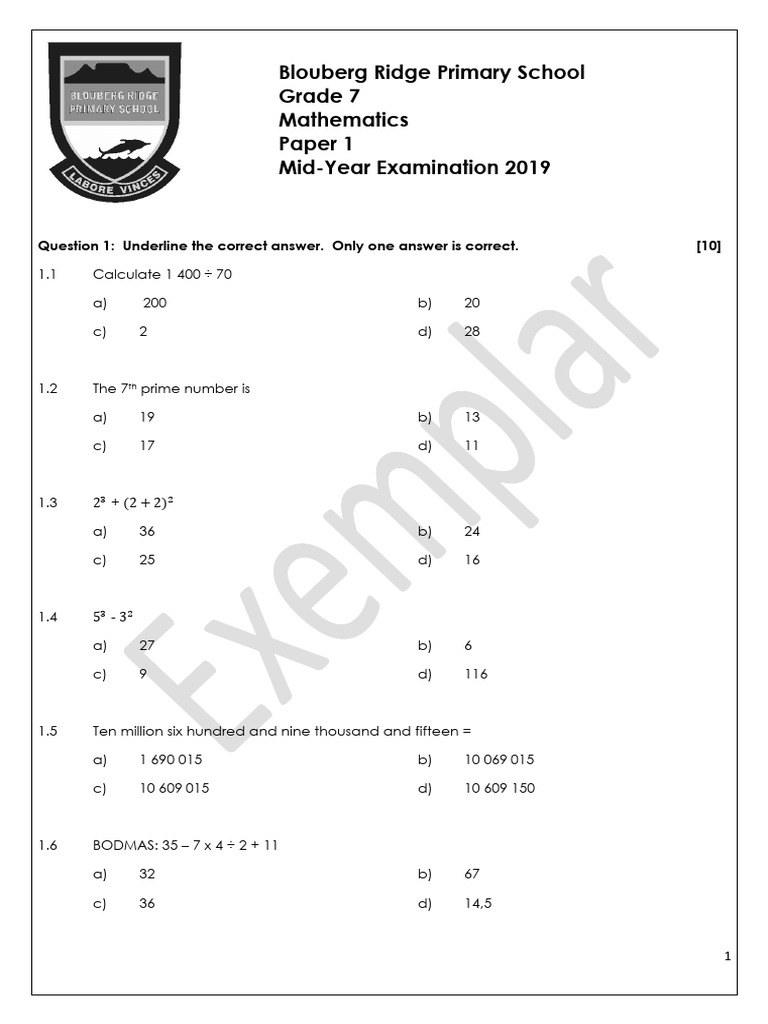 Grade 7 Maths Mid-Year Exam 2019 | PDF | Elementary Mathematics | Numbers