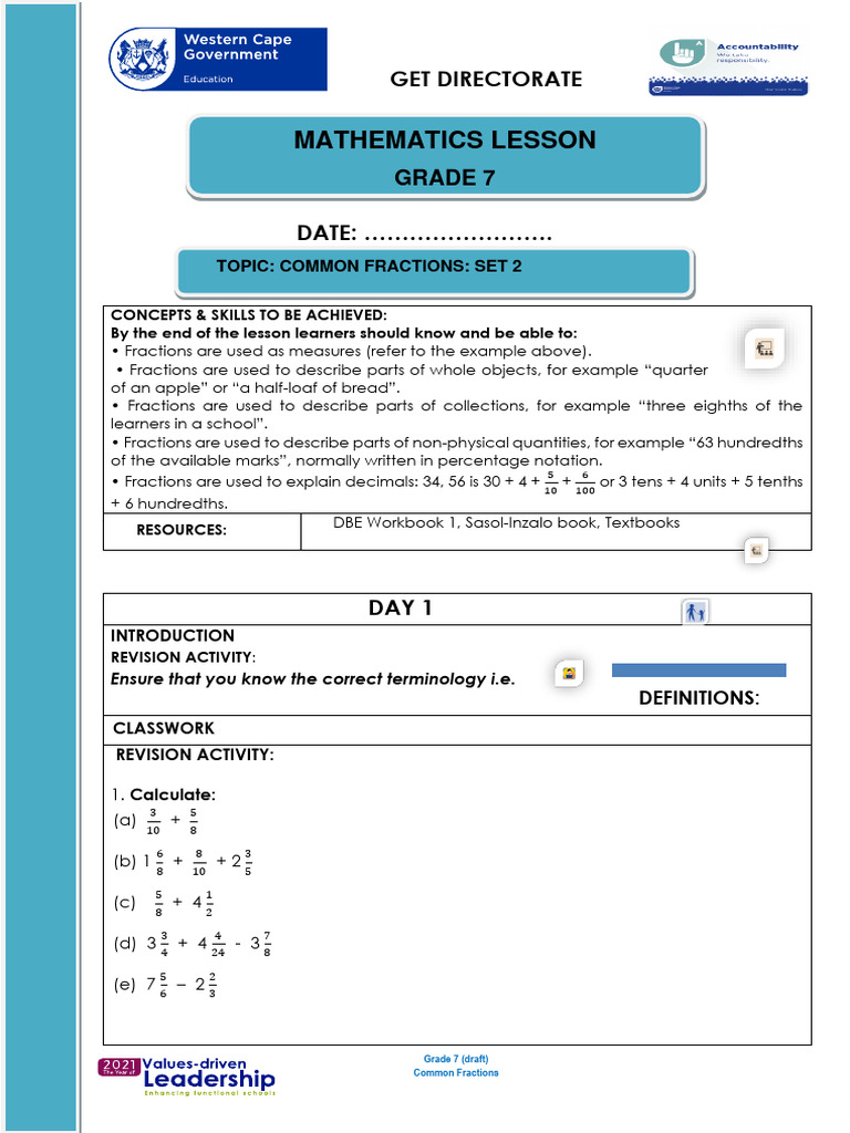 Lesson Plan Gr. 7 Mathematics Term 1 Week 6 Common Fractions | PDF ...