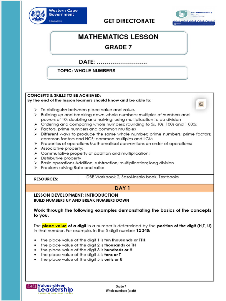Lessons Gr. 7 Mathematics Term 1 Week 1,2,3 Whole Numbers | Download Free PDF | Multiplication ...