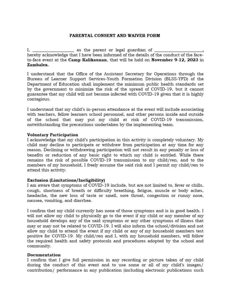 Parental Consent and Waiver Form | PDF | Diseases And Disorders ...