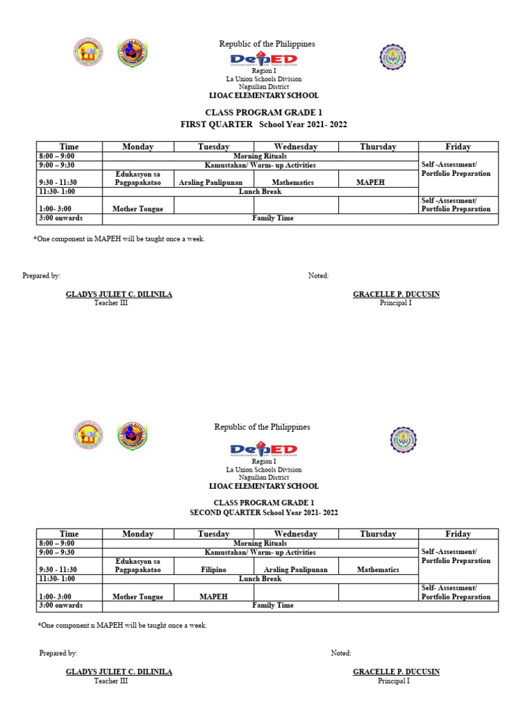 Grade 1 Class Program 2021 22 | PDF