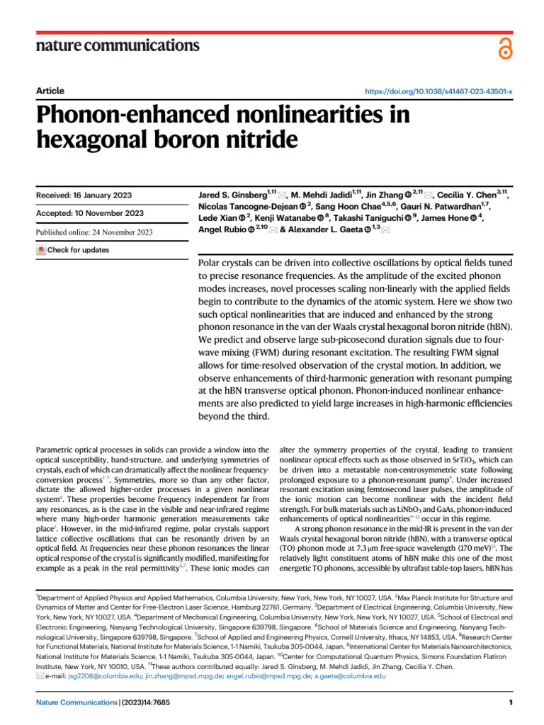 Phonon-Enhanced Nonlinearities in Hexagonal Boron Nitride | PDF | Nonlinear Optics | Phonon