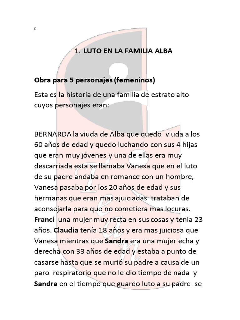 LUTO en LA FAMILIA ALBA Obra para 5 Personajes (Femeninos ... | PDF ...