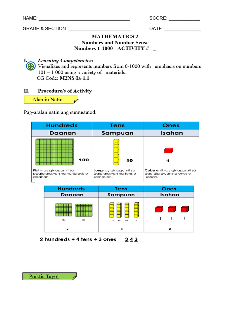 Math 2 Activity Sheet Visualizes and Represents Numbers From 0-1000 ...