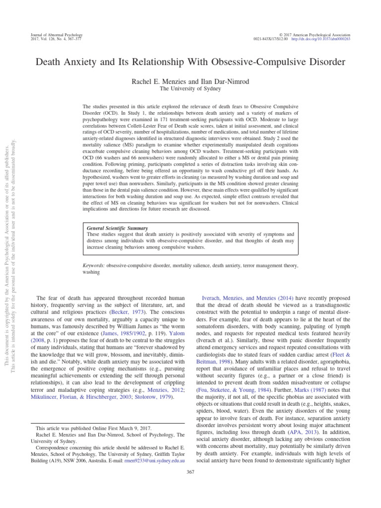 Death Anxiety and Its Relationship With OCD | PDF | Obsessive ...