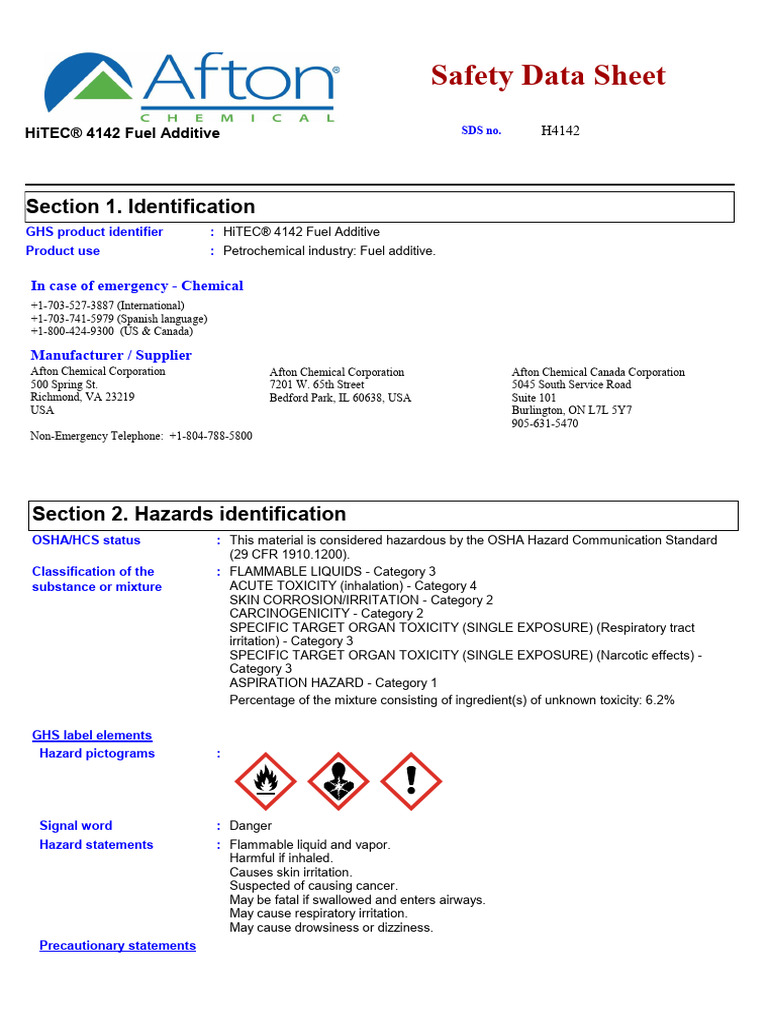 SafetyDataSheet (SDS) HiTEC4142 en 03152018 | Download Free PDF ...