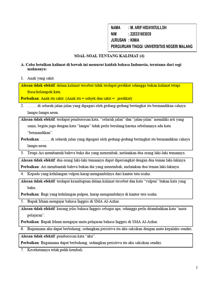 M. Arif Hidayatulloh - Soal Kalimat Pbi | PDF