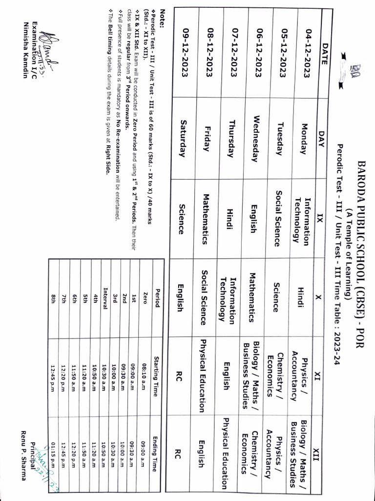 STD 9 To 12 PT-3 & UT-3 Time Table | PDF | Science