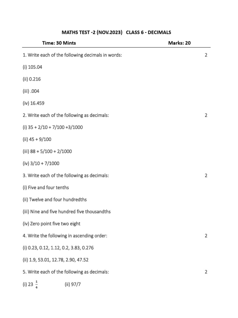 Maths Test - Decimals Class 6 | PDF