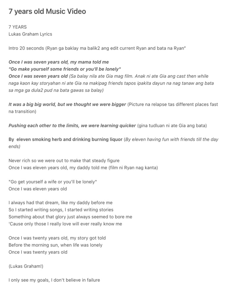 7 Years Old Music Video | PDF