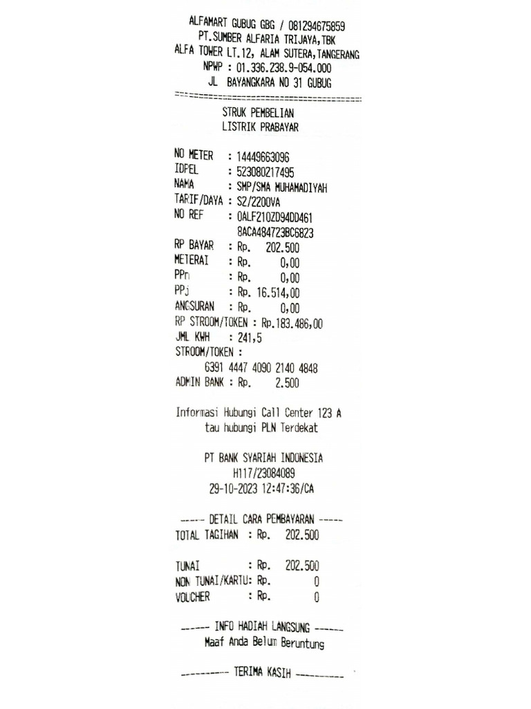 Nota Token Listrik Sekretariat | PDF