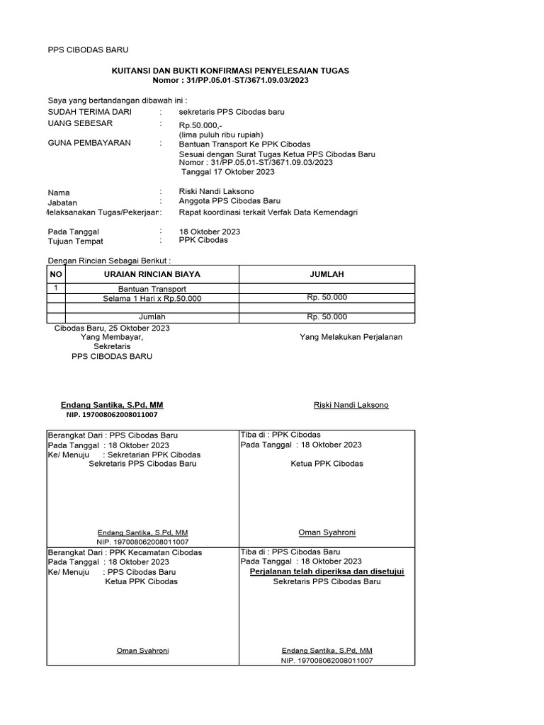 Kuitansi Transport PPS Cibodas Baru | PDF