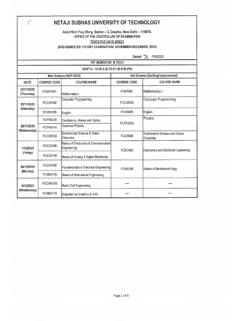 Tentative Date Sheet - End Sem | PDF