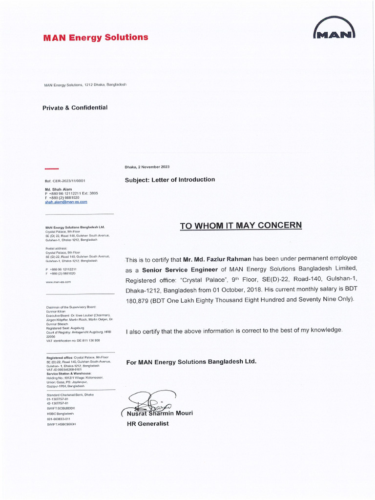 Letter of Employment - Md. Fazlur Rahman | PDF