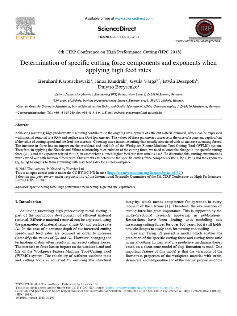 Determination Of Specific Cutting Force Components Pdf Machining