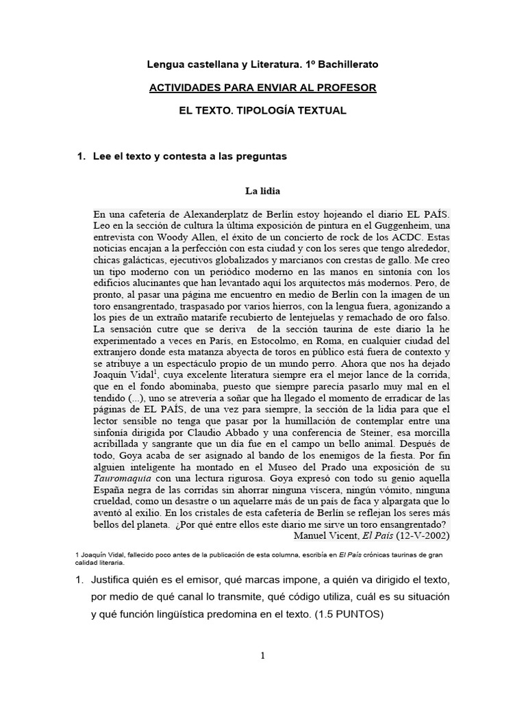 1°bach. Ejercicios Tipologia Textual | PDF | Toreo