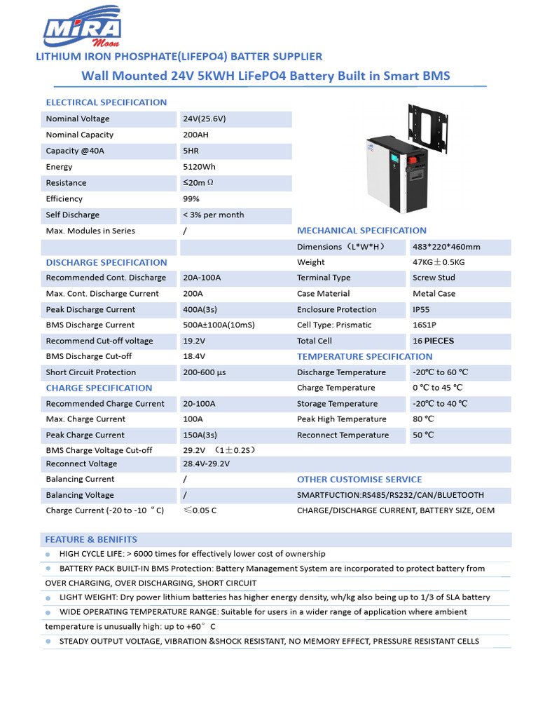 Battery 24V 5KWH Datasheet by MIRA MOON | PDF | Rechargeable Battery ...