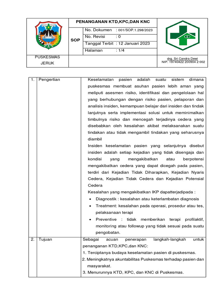 SOP Penanganan KTD, KPC, Dan KNC | PDF | Kesehatan Holistik | Sains & Matematika