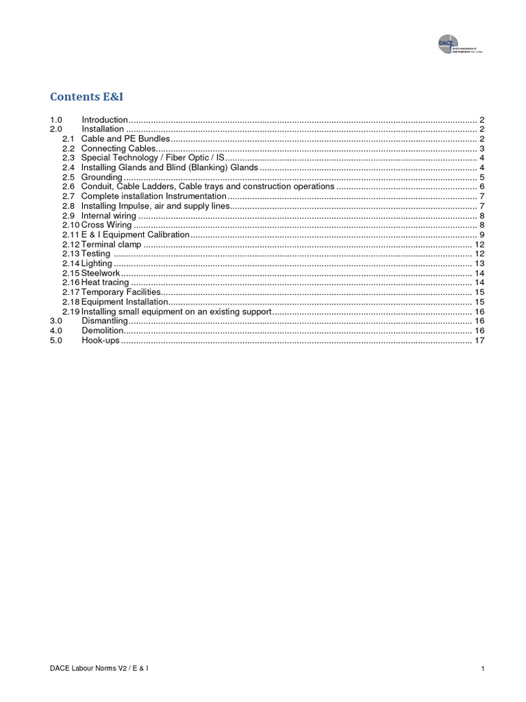 E&I Labour Norms for Installation | PDF | Optical Fiber | Electrical Wiring