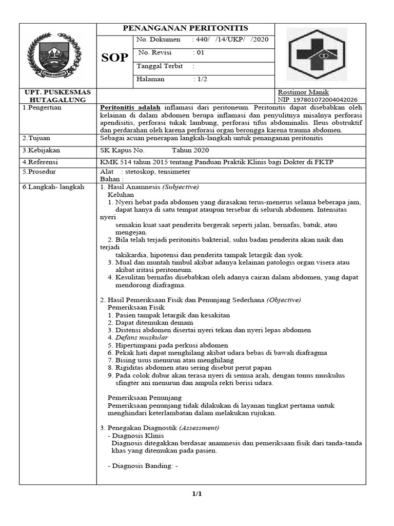 Sop Penanganan Peritonitis | PDF