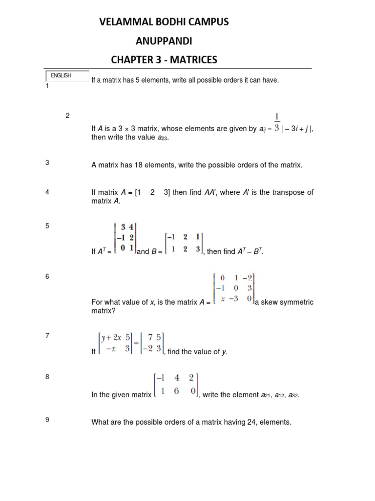 Matrices Worksheet 1 | PDF | Matrix (Mathematics) | Linear Algebra