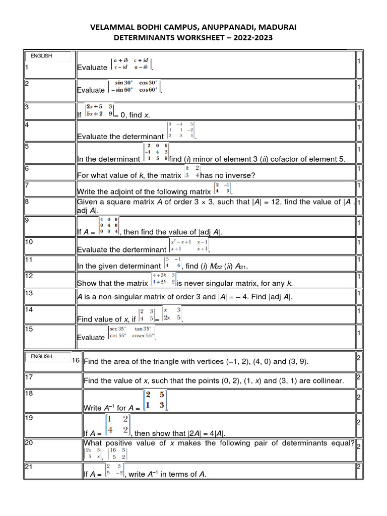Determinants Worksheet 2022-2023 | PDF | Matrix (Mathematics) | Determinant