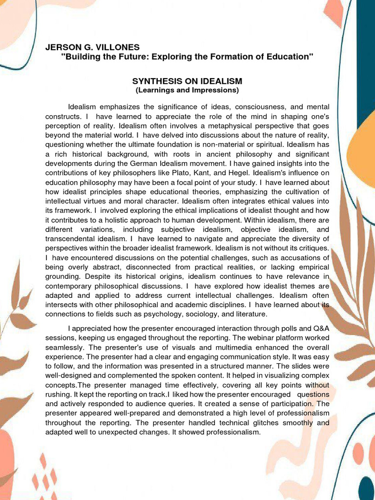 SYNTHESIS 1-Villones | PDF | Idealism | Reality