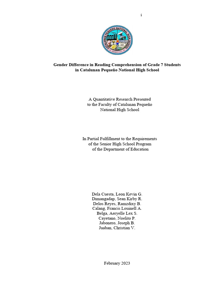 PR Gender Difference in Reading Comprehension of Grade 7 Students Final ...
