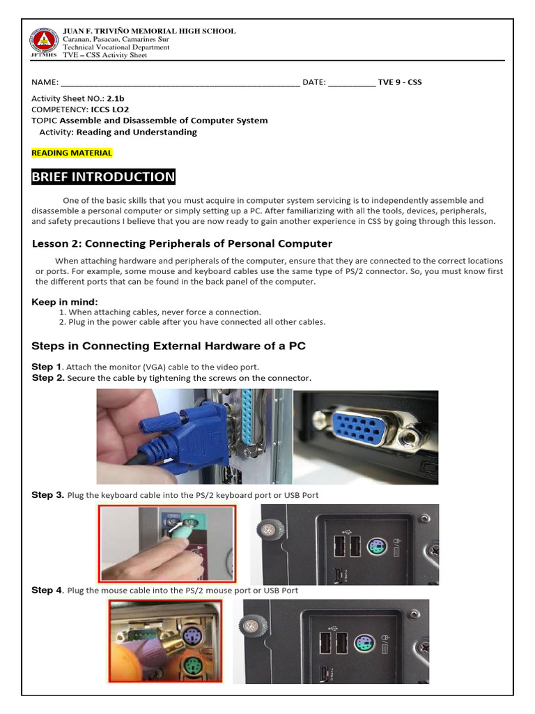 Activity Sheet 2.1b - Connecting Peripherals of Personal Computer | PDF ...