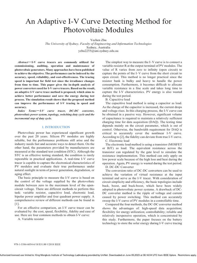 An Adaptive I V Curve Detecting Method For Photovoltaic Modules Pdf Photovoltaics