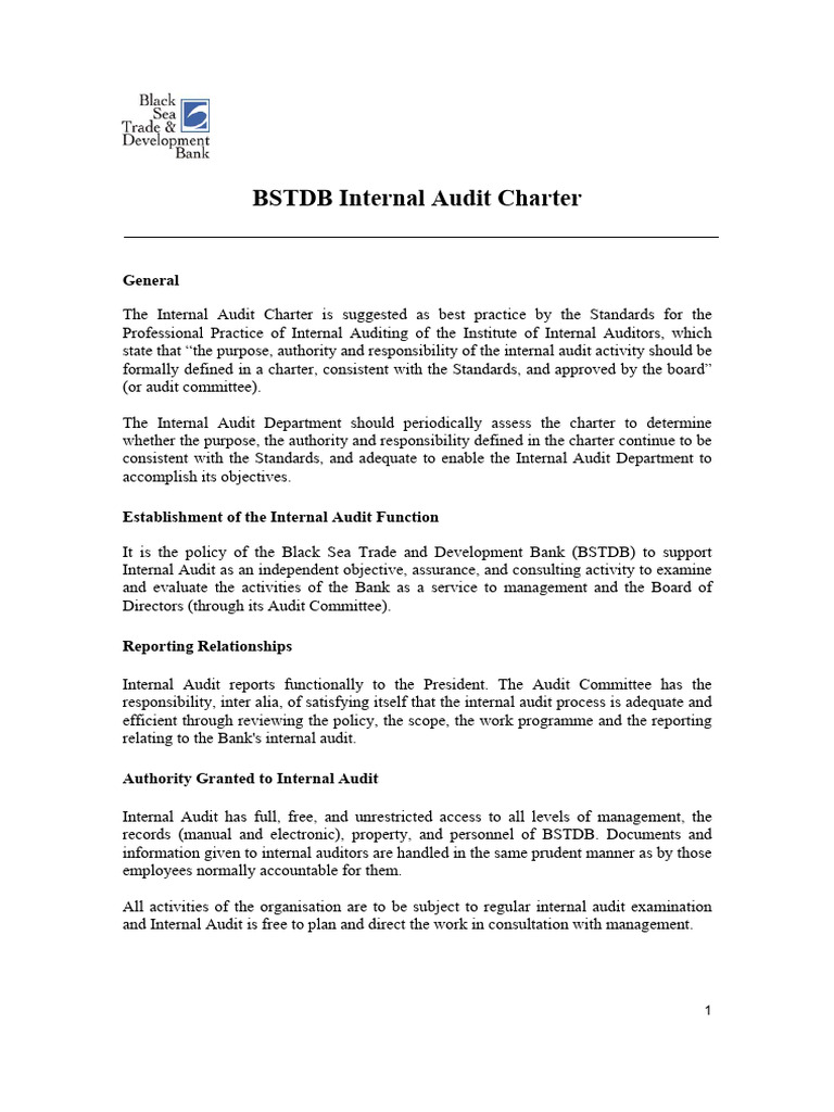 BSTDB Internal Audit Charter | PDF | Internal Audit | Audit