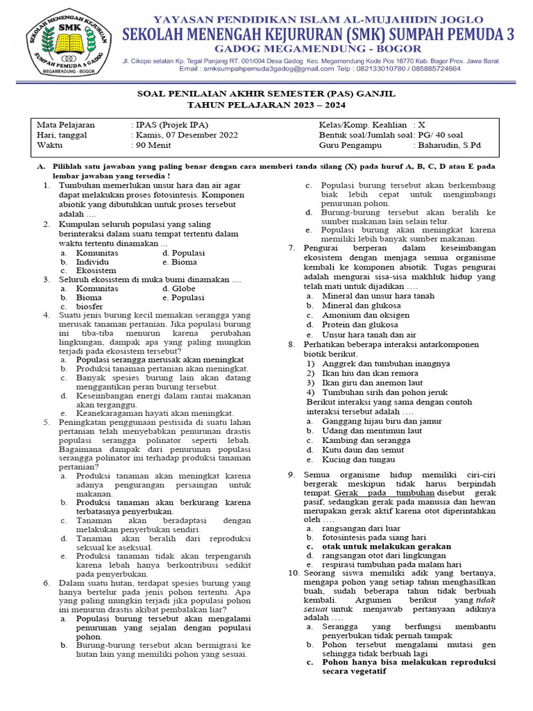 Soal Ipas (Projek Ipa) Pas Ganjil 23 24 | PDF | Sains & Matematika