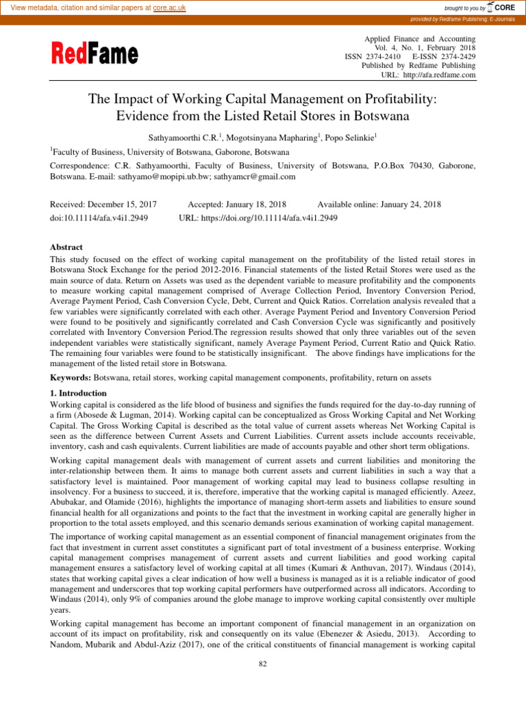 The Impact of Working Capital Management On Profitability: Evidence From The Listed Retail ...