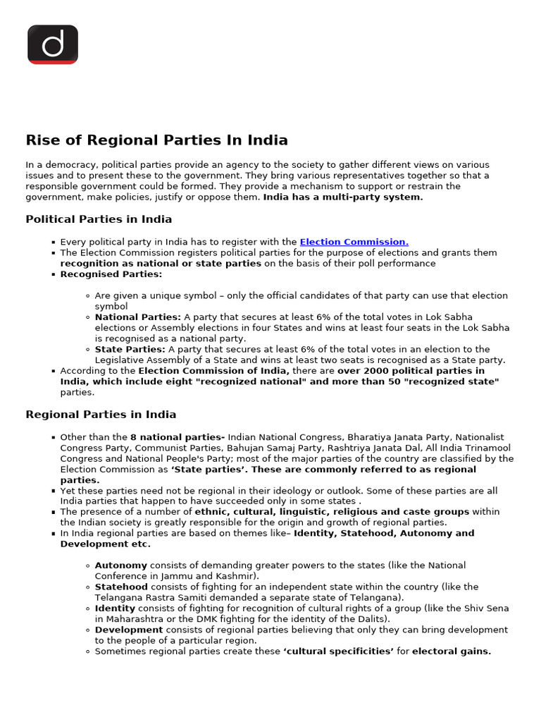 Rise of Regional Parties in India | PDF | Indian National Congress ...
