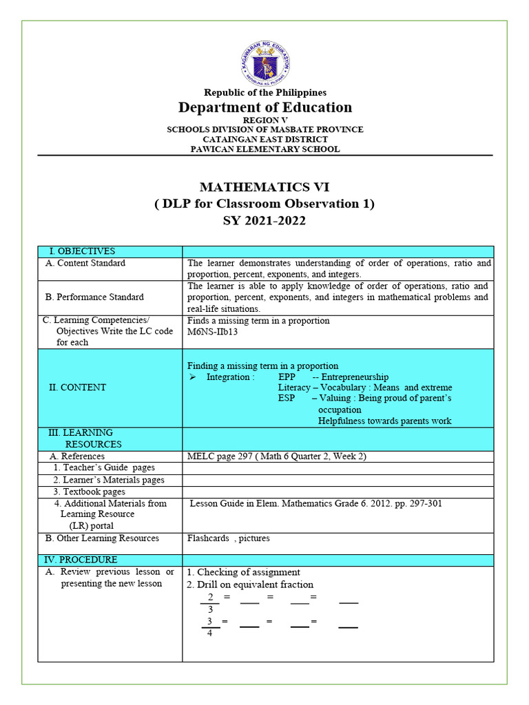 DLP Math 6 Quarter 1 Class Observation Sy 2019-2020 | PDF | Ratio ...