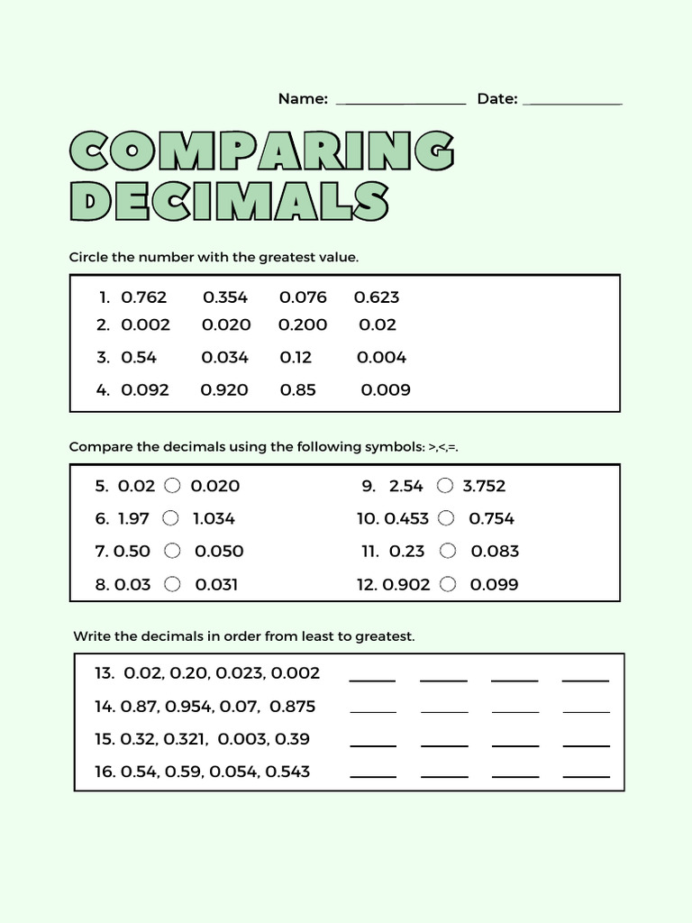 Comparing Decimals Printable Worksheet Green and Bold | PDF