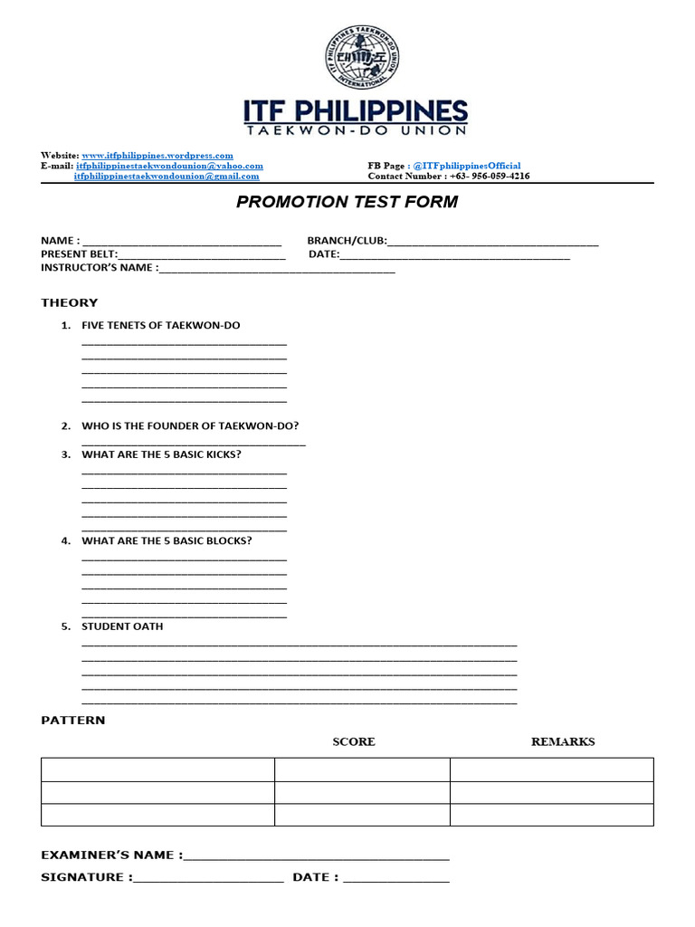 Taekwondo Yellow Belt Promotion Test Form | PDF | Taekwondo | Indoor Sports