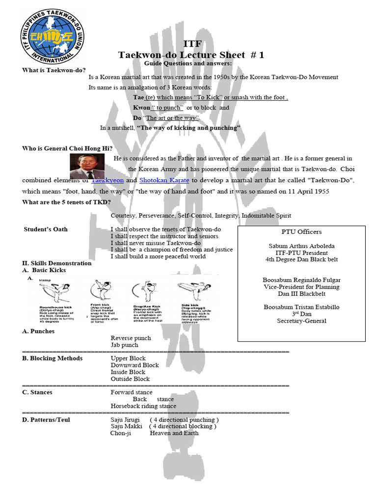 ITF Lecture Sheet 1 | PDF | Taekwondo | East Asian Martial Arts