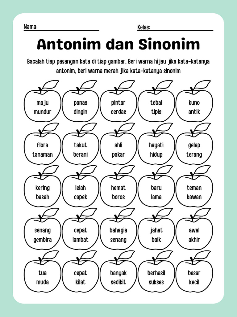 Lembar Kerja Bahasa Antonim Dan Sinonim | PDF